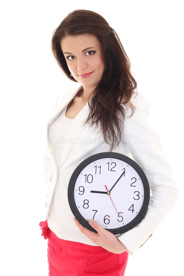 Woman in suit with clock stock photo. Image of holding - 25080948