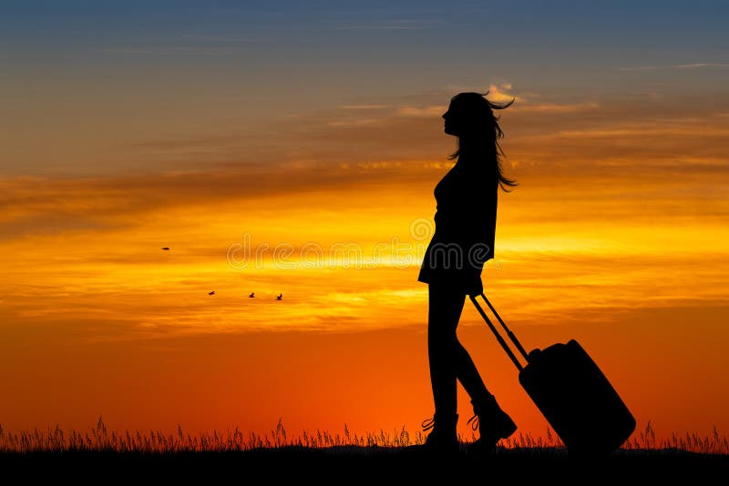 Woman with Suitcase at Sunset Stock Photo - Image of nature, cute ...
