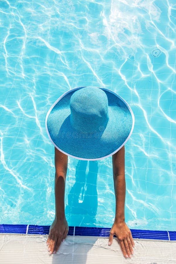Woman in Sun Hat in the Swimming Pool. Top View Stock Image - Image of ...