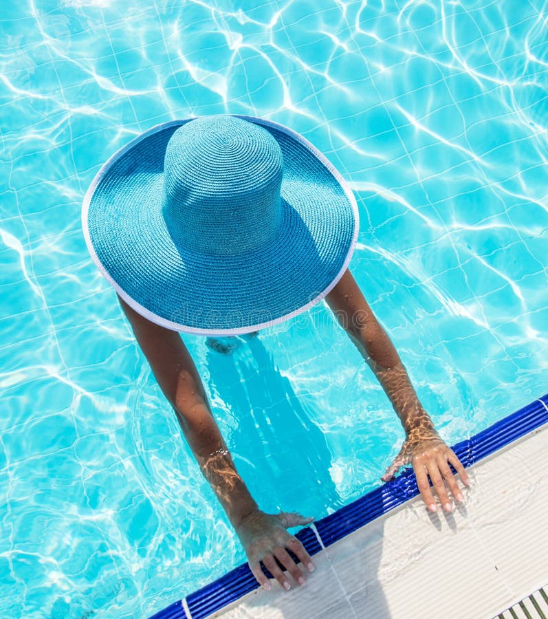 Woman in Sun Hat in a Swimming Pool. Top View. Stock Image - Image of ...