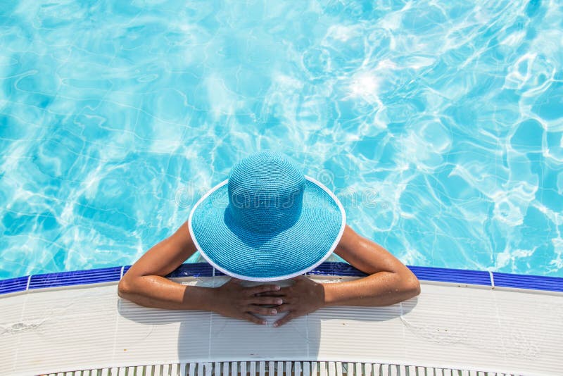 Woman in Sun Hat in the Swimming Pool. Stock Photo - Image of copyspace ...