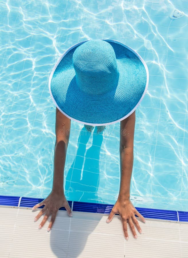Woman in Sun Hat in a Swimming Pool. Top View. Stock Image - Image of ...