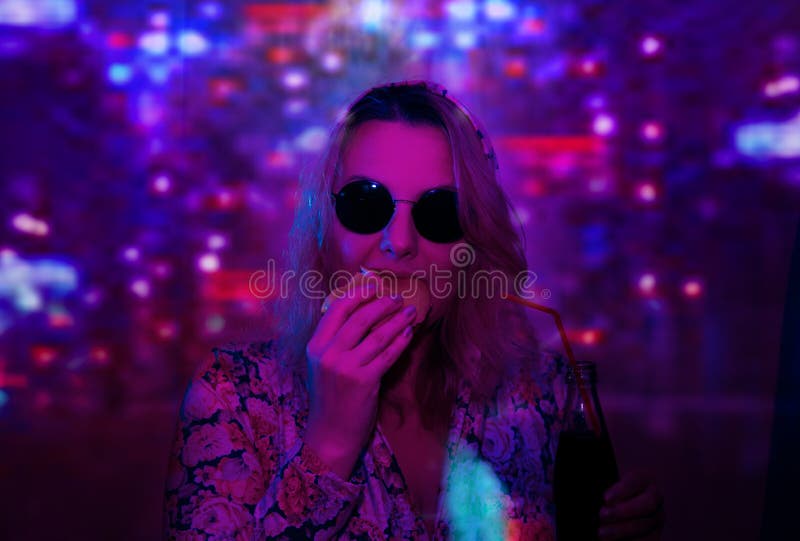 Woman in Sunglasses with Girl Neon Light Reflection Stock Photo - Image ...