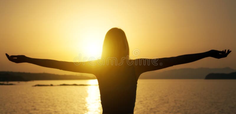 Woman at sunset. stock photo. Image of peace, happiness - 60960444