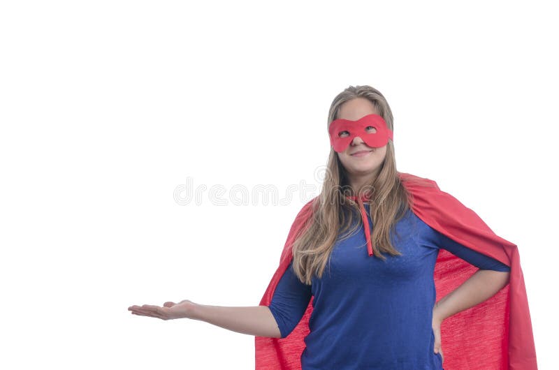 Rear View Of A Woman Superhero With Red Cape And Arms Up. Stock Photo ...