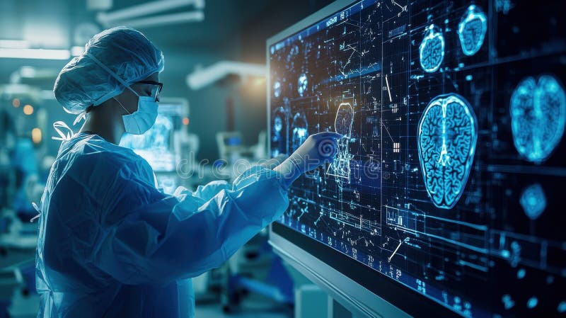 Woman in Surgical Gown Analyzing Large Screen Displaying Detailed Brain ...