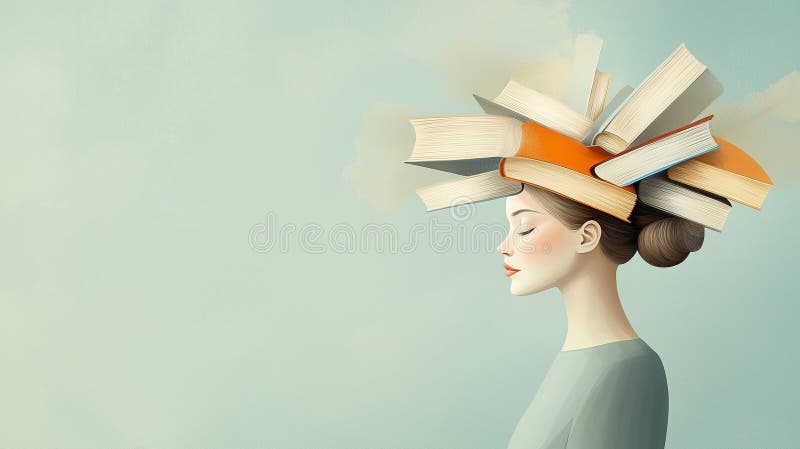 Woman Surrounded by Books, Creative Mind, Exploding Brain Full of Ideas ...