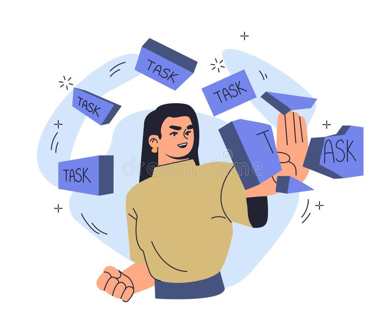 Woman Surrounded by Flying Task Blocks, Flat Graphic Style, on a White ...