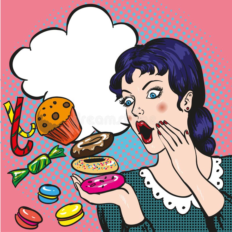 Woman with Sweets, Candy and Cakes. Vector Illustration in Retro Comic ...
