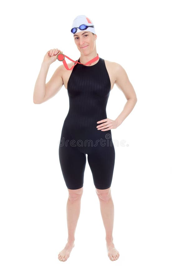 A Woman Swimmer In Studio White Background Stock Image - Image of ...
