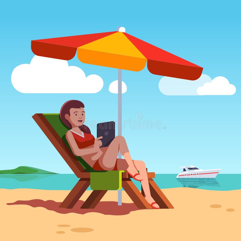 Woman In Swimsuit Lying On Lounger At Ocean Beach Stock Vector
