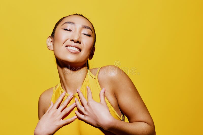 Woman Swimsuit Summer Surprised Yellow Trendy Beauty Smile Portrait