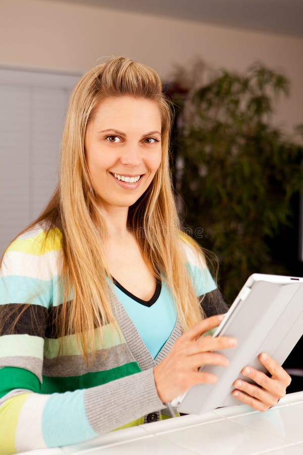 Woman tablet stock image. Image of communication, happy - 23967691