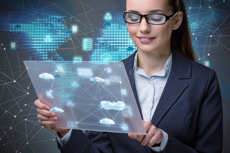 The Woman with Tablet in Cloud Computing Concept Stock Image - Image of ...