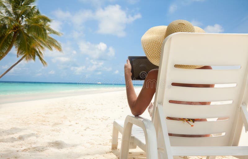 Woman with Tablet Computer on the Beach Stock Photo - Image of palm ...