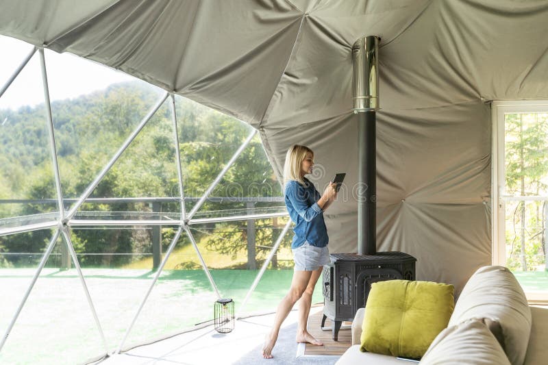 Woman with Tablet in Dome Tent Stock Photo - Image of paradise ...