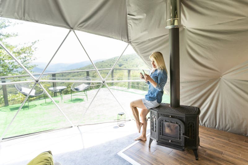 Woman with Tablet in Dome Tent Stock Photo - Image of design, bubble ...