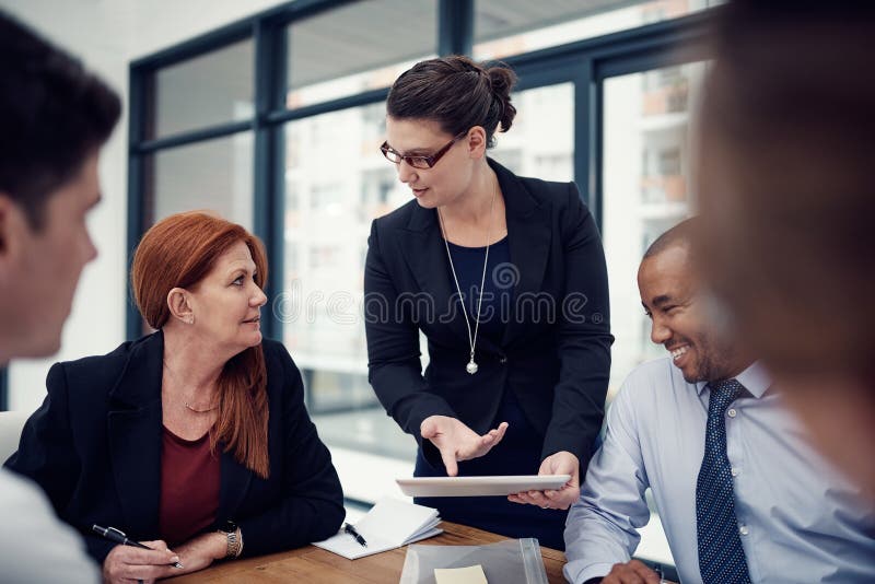 Woman, Tablet and Group in Office, Discussion or Meeting for ...