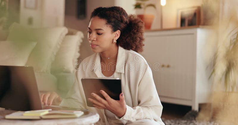Woman, Tablet and Laptop on Floor in Home with Multitasking, Freelance ...