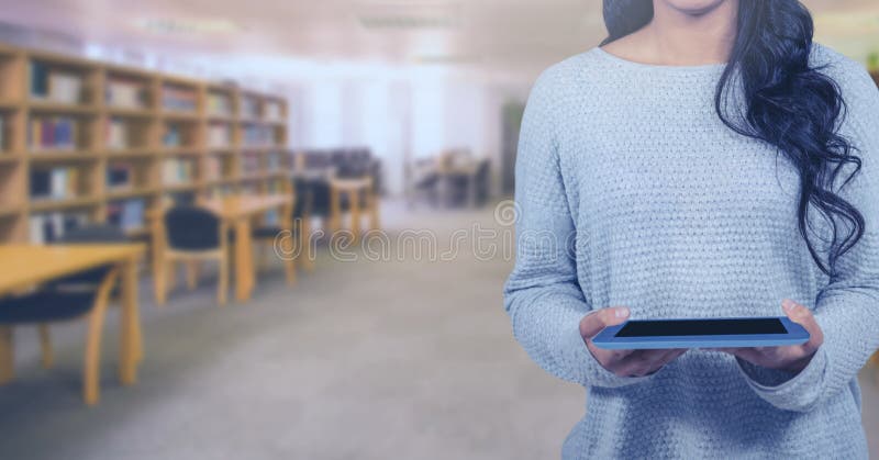 Woman with Tablet in Library Stock Image - Image of away, computer ...