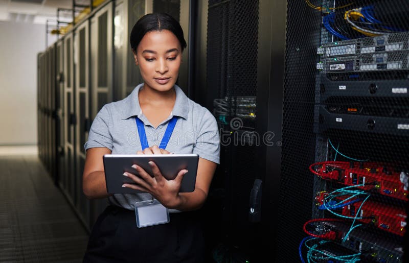 Woman Tablet And Server Room In Inspection Programming And Coding With System Solution And