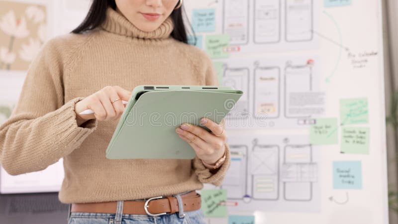 Woman, Tablet and Ui Ux Design with the Developer Being Creative for Mobile App Project with a ...