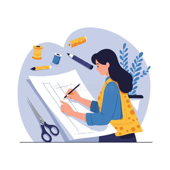 Woman Tailor Drawing Sewing Pattern with Thread Scissors and Pencil ...