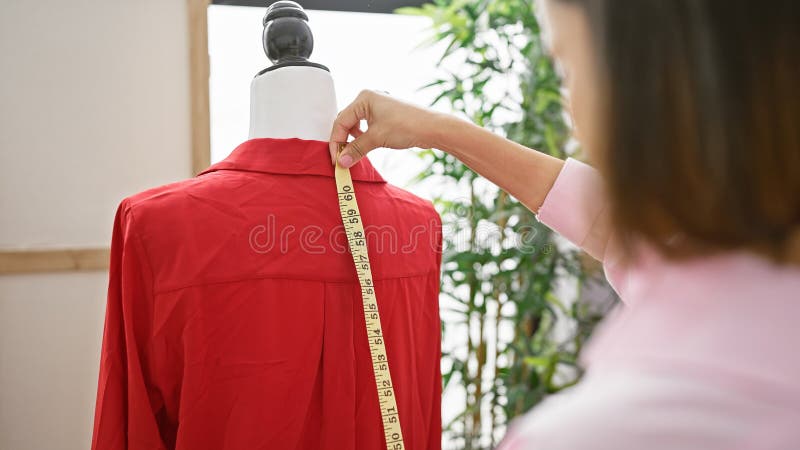 Woman Tailor Measuring Red Garment on Mannequin in Bright Workshop ...