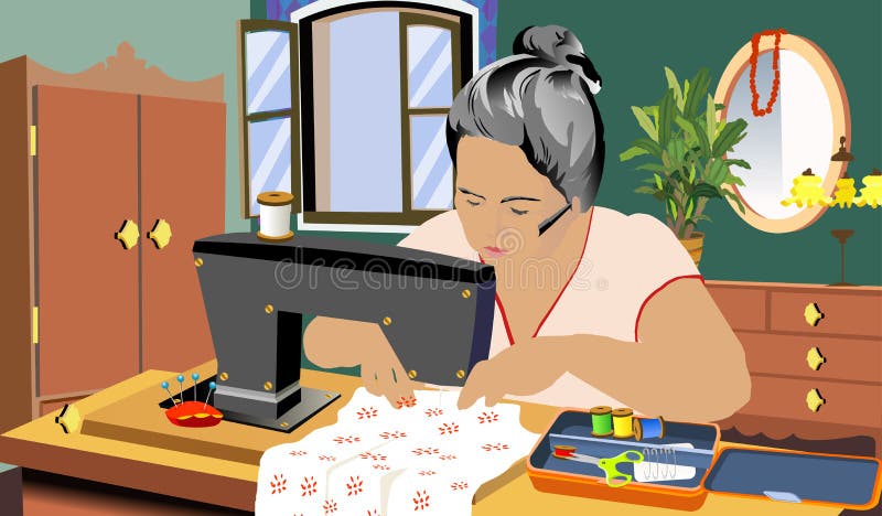 Woman Sews Clothes with a Sewing Machine Illustration Stock Vector ...