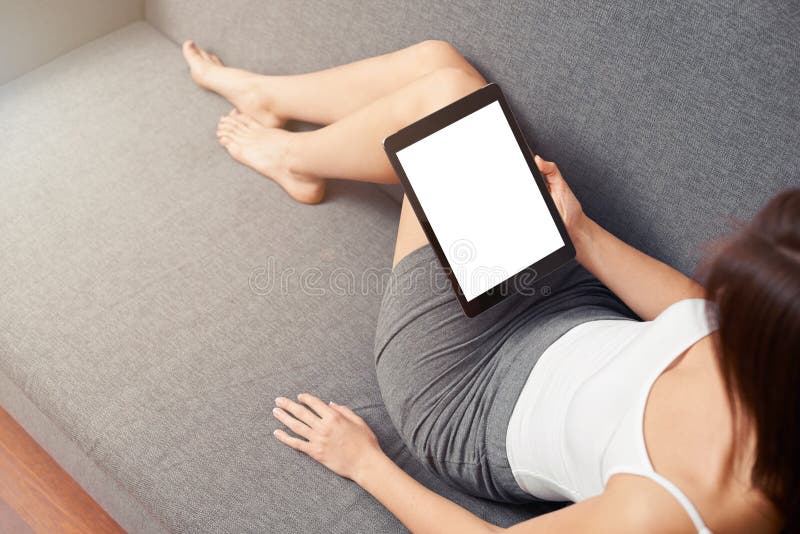Woman Takes a Rest with Tablet, on Sofa Stock Image - Image of template ...
