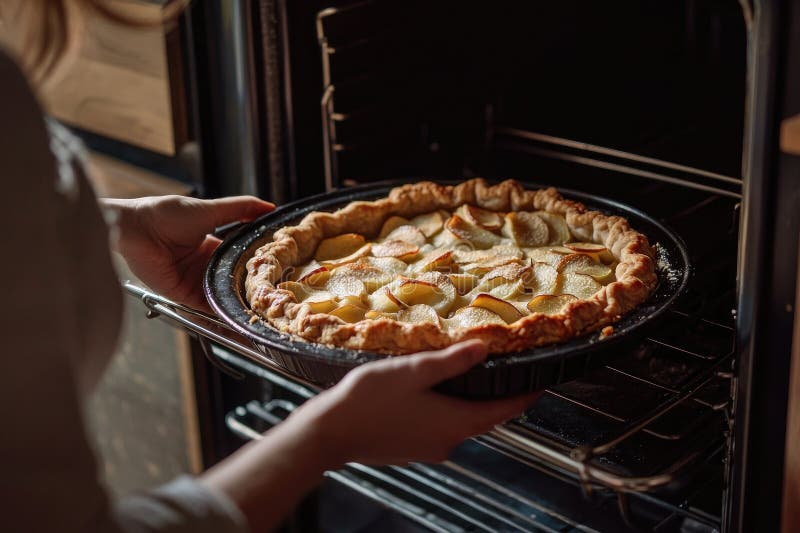 Woman Taking a Freshly Made Apple Pie Out of the Oven Stock ...