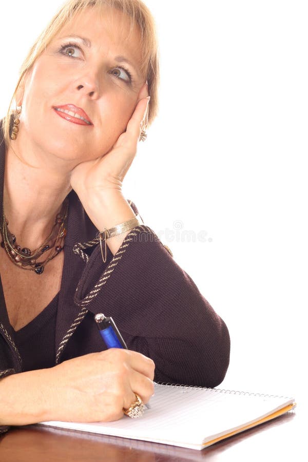 Woman Taking Notes Thinking Smile Stock Photo - Image of work, happy ...