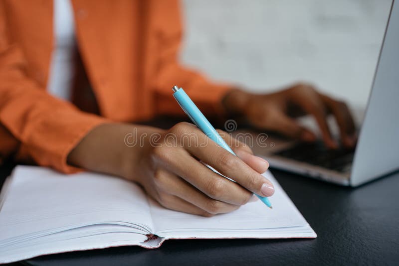 Woman Taking Notes, Typing on Keyboard Stock Image - Image of closeup ...