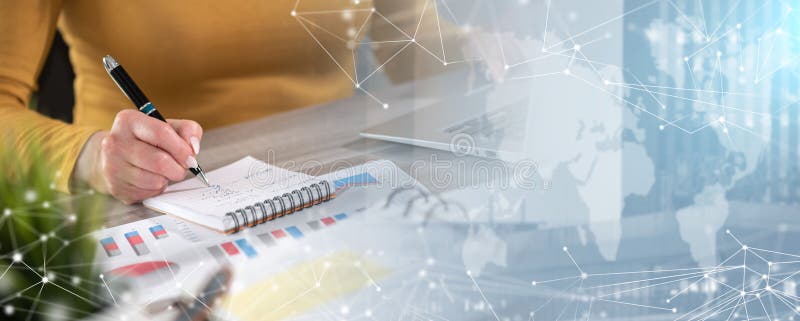 Woman Taking Notes while Using Laptop; Panoramic Banner Stock Image ...