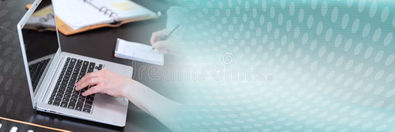 Woman Taking Notes while Using Laptop; Panoramic Banner Stock Image ...