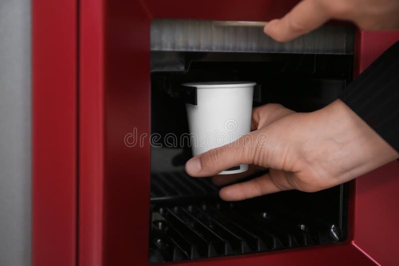 Woman Taking Paper Cup with Coffee from Vending Machine, Closeup Stock ...