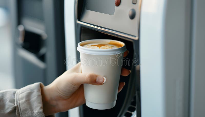 Woman Taking Paper Cup with Coffee from Vending Machine, Closeup Stock ...
