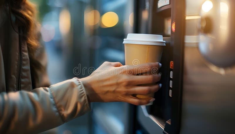 Woman Taking Paper Cup with Coffee from Vending Machine, Closeup Stock ...