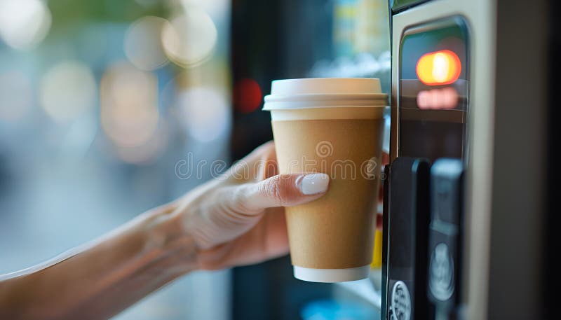 Woman Taking Paper Cup with Coffee from Vending Machine, Closeup Stock ...
