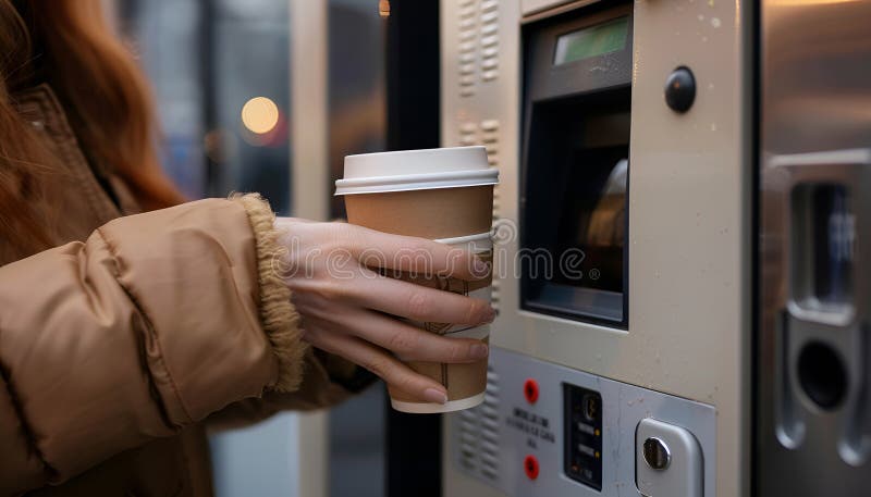 Woman Taking Paper Cup with Coffee from Vending Machine, Closeup Stock ...