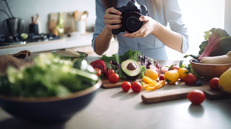 A Woman Taking a Picture of Vegetables on a Counter. AI Generative ...