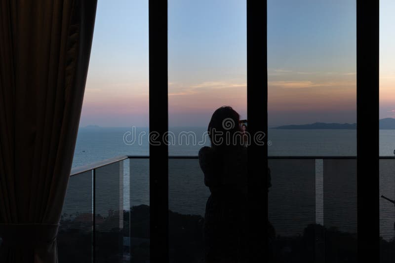 Woman Taking Pictures of Sunset at Balcony Stock Image - Image of happy ...