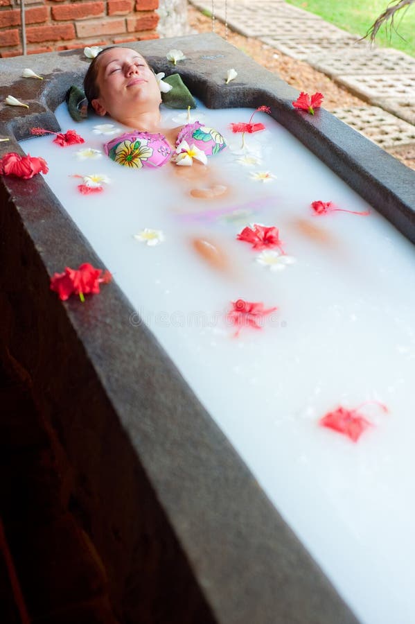 Woman Taking Pleasure in Milk Bath Stock Photo - Image of healing ...