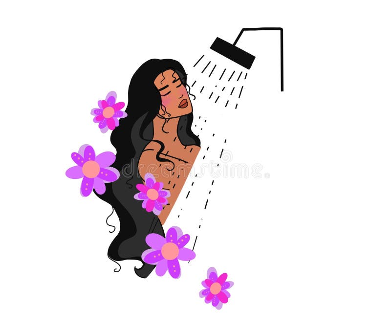 Woman Taking a Shower with Flowers, Showering Stock Illustration ...