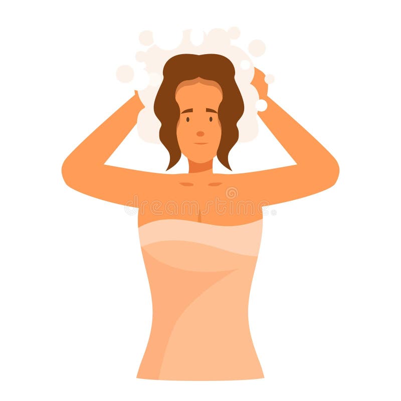 Young Woman Washing Hair With Shampoo In Shower Stock Vector