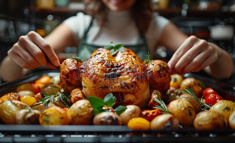 Woman Taking Whole Roasted Chicken Out of the Oven Stock Image - Image ...