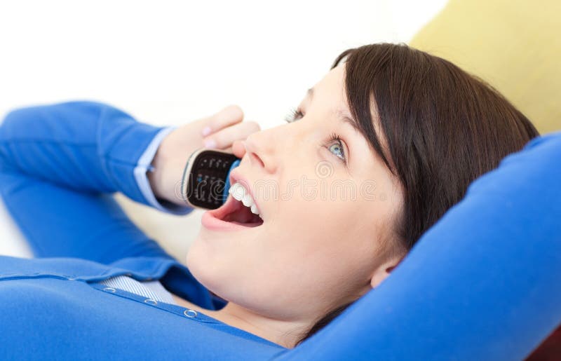Woman Talking on Phone Lying on a Sofa Stock Image - Image of mobile ...