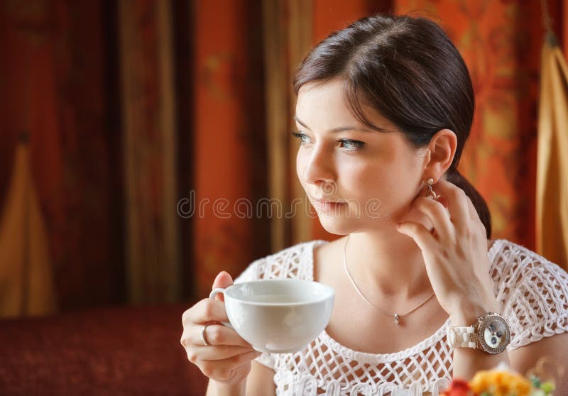 Woman with a Tea Mug in Cafe Stock Image - Image of aroma, beverage ...