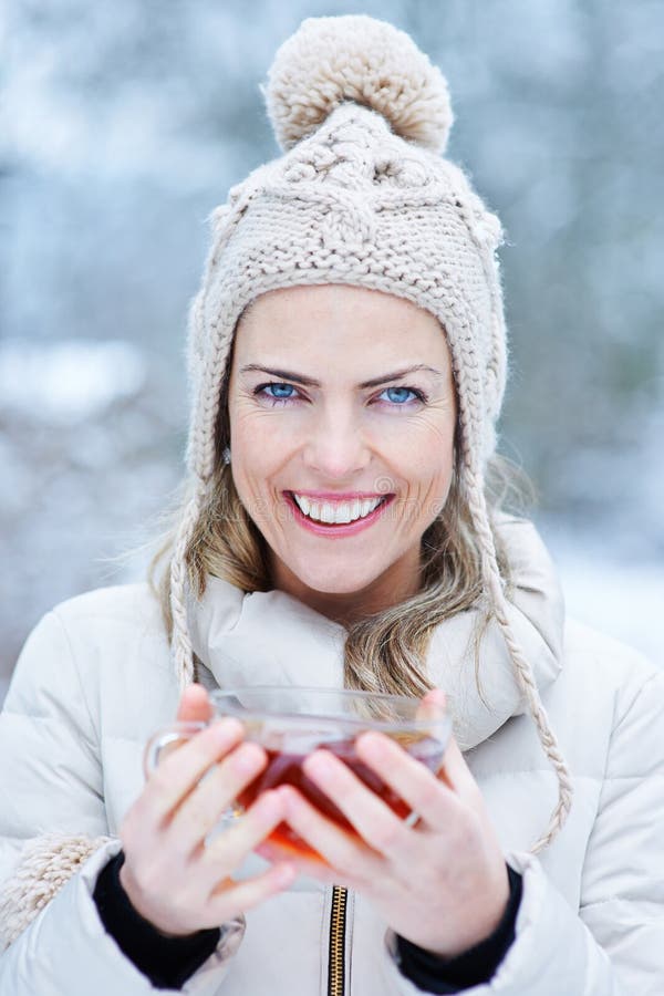 Woman with Tea Outdoors in Winter Stock Image - Image of people, teacup ...