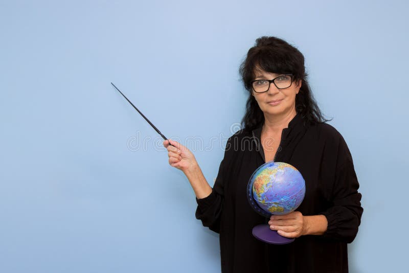 Woman Teacher with Pointer and Globe on Blue Background with Copy Space ...